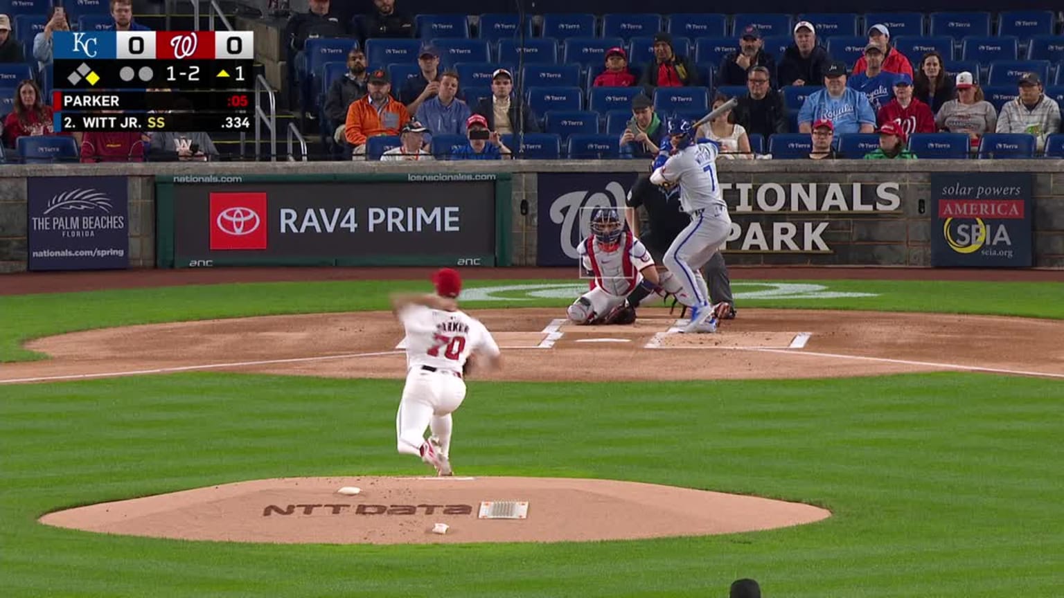 Bobby Witt Jr. singles on a line drive to center fielder Jacob Young ...