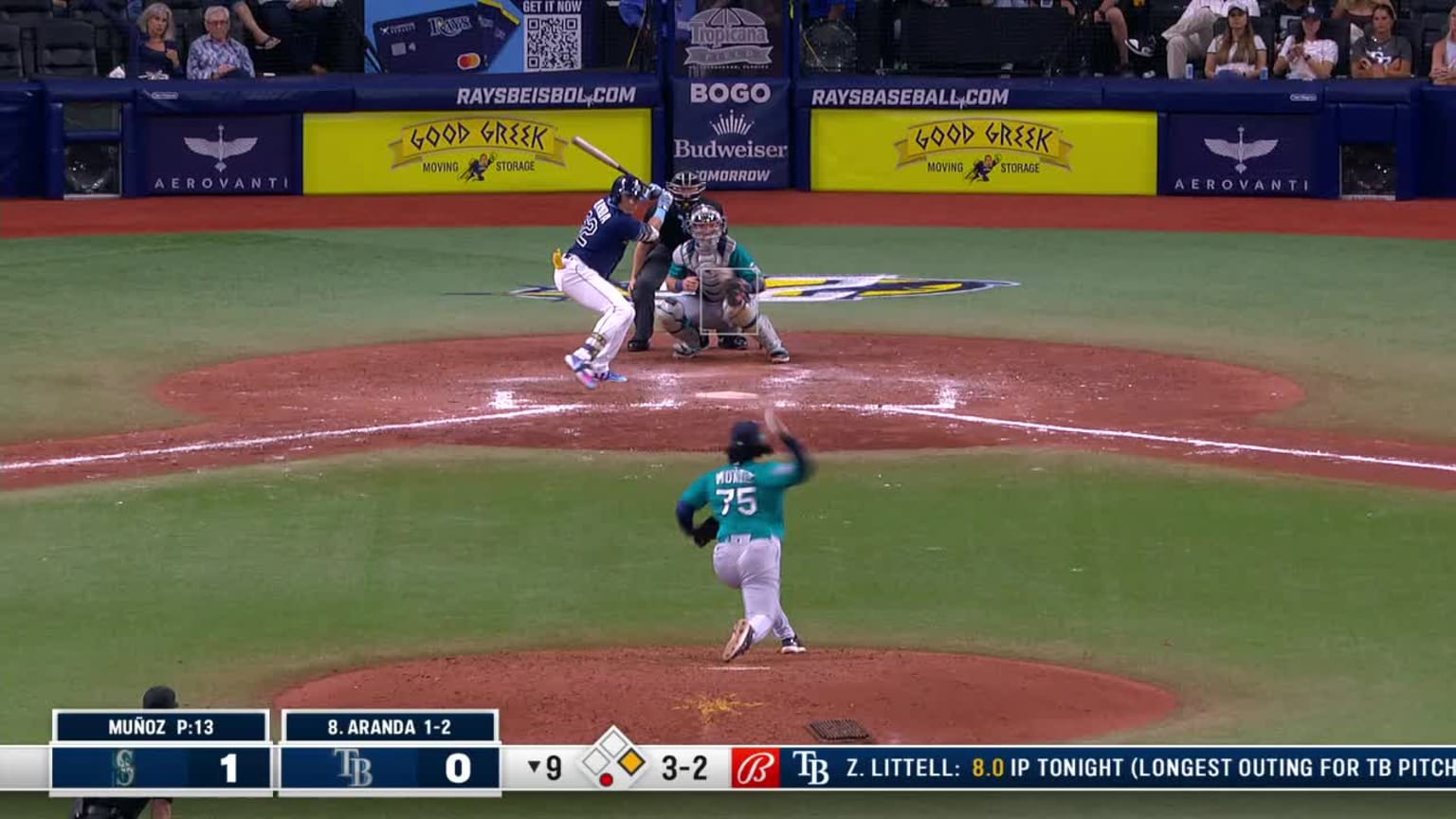 Jonathan Aranda strikes out swinging. Taylor Walls steals (22) 2nd base ...