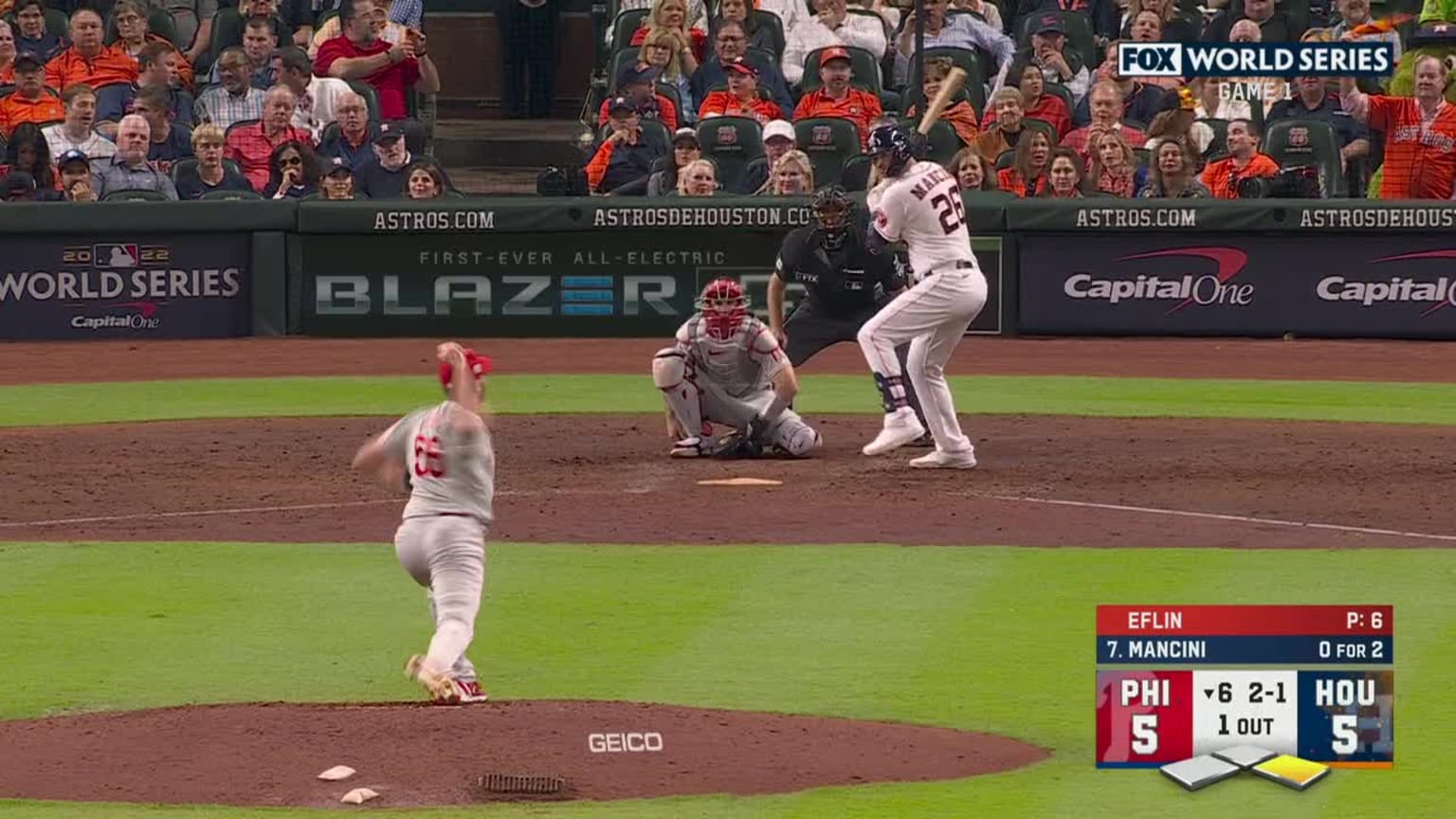 Trey Mancini flies out to right fielder Nick Castellanos in foul ...