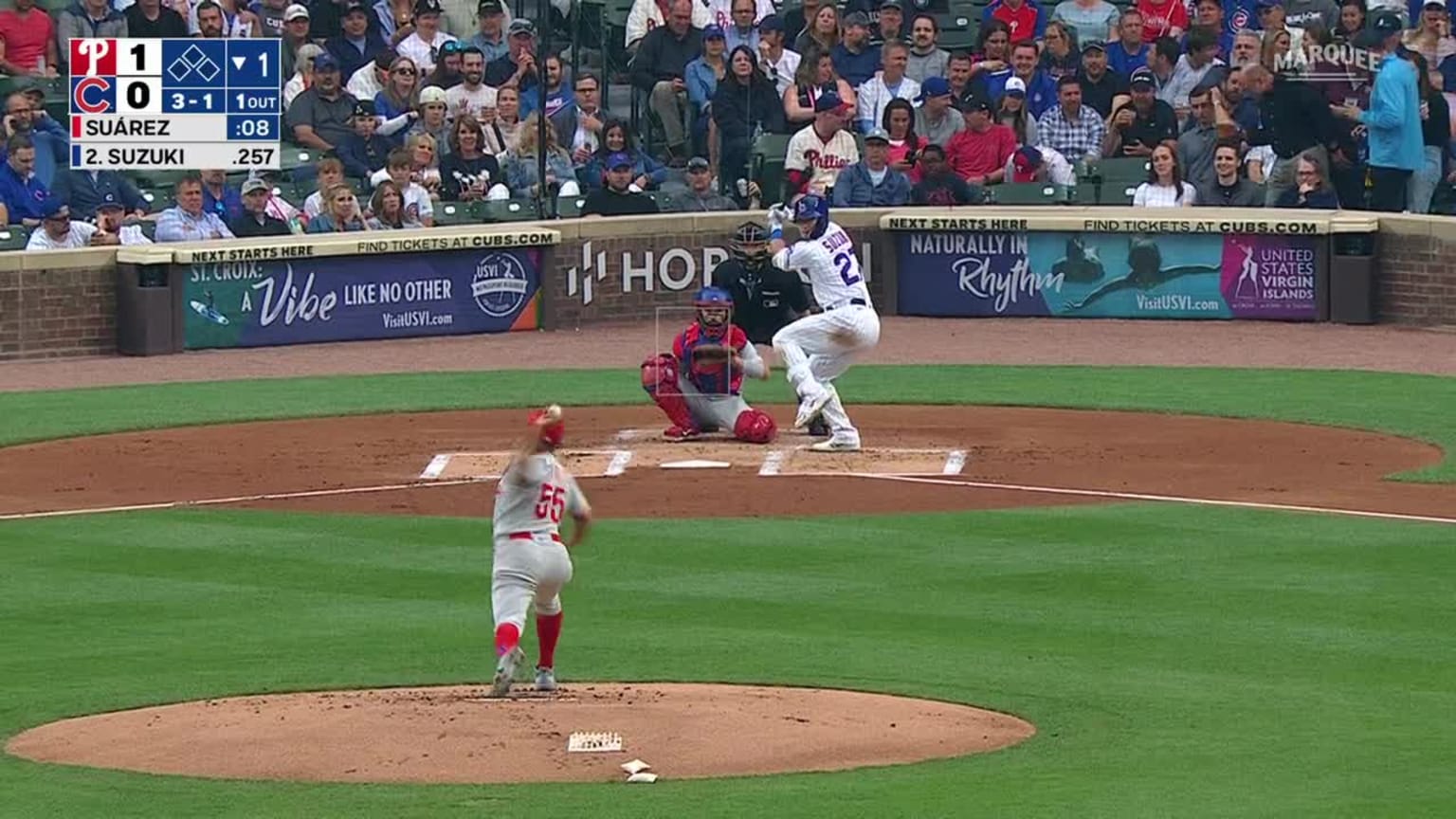 Seiya Suzuki reaches on a fielding error by shortstop Trea Turner. | 06 ...