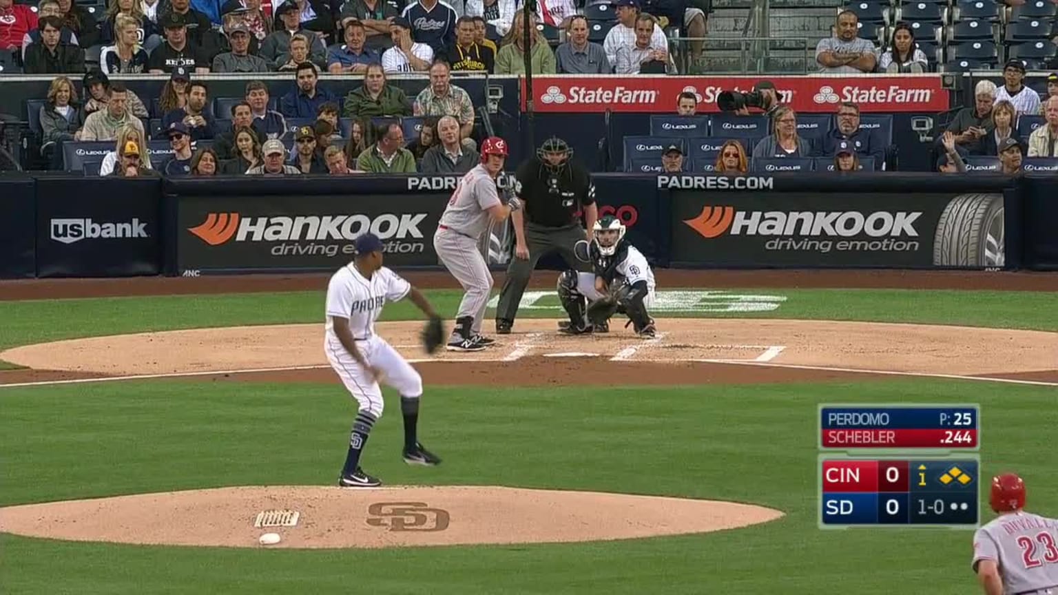 Scott Schebler singles on a sharp ground ball to center fielder Franchy ...