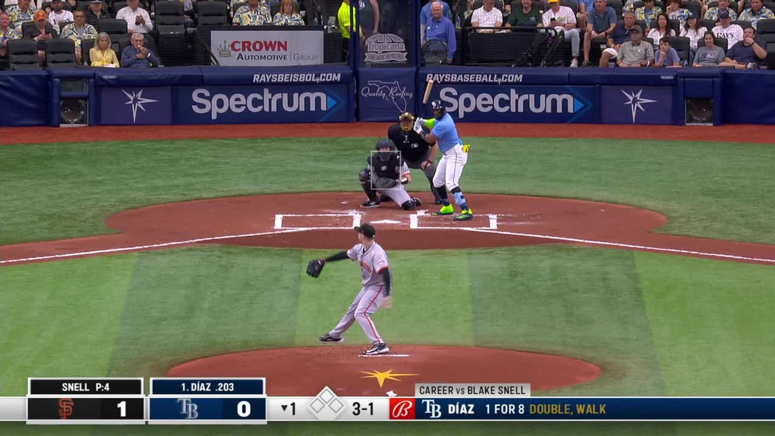 Yandy Díaz doubles (3) on a sharp line drive to center fielder Jung Hoo ...