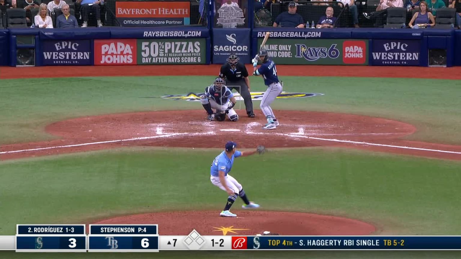 Julio Rodriguez singles on a line drive to left fielder Luke Raley ...