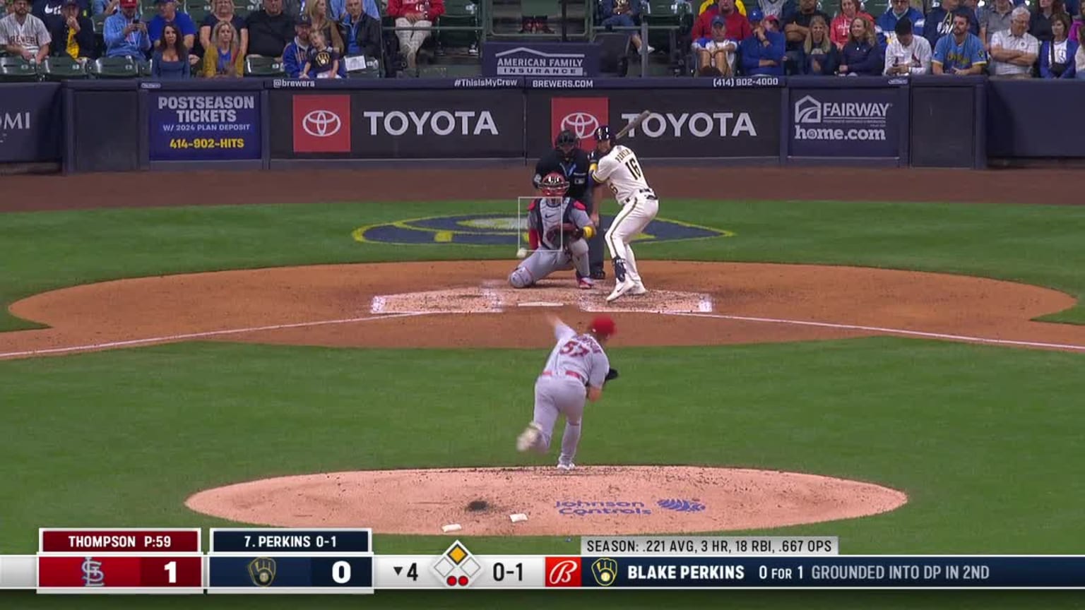 Blake Perkins pops out to first baseman Luken Baker in foul territory ...