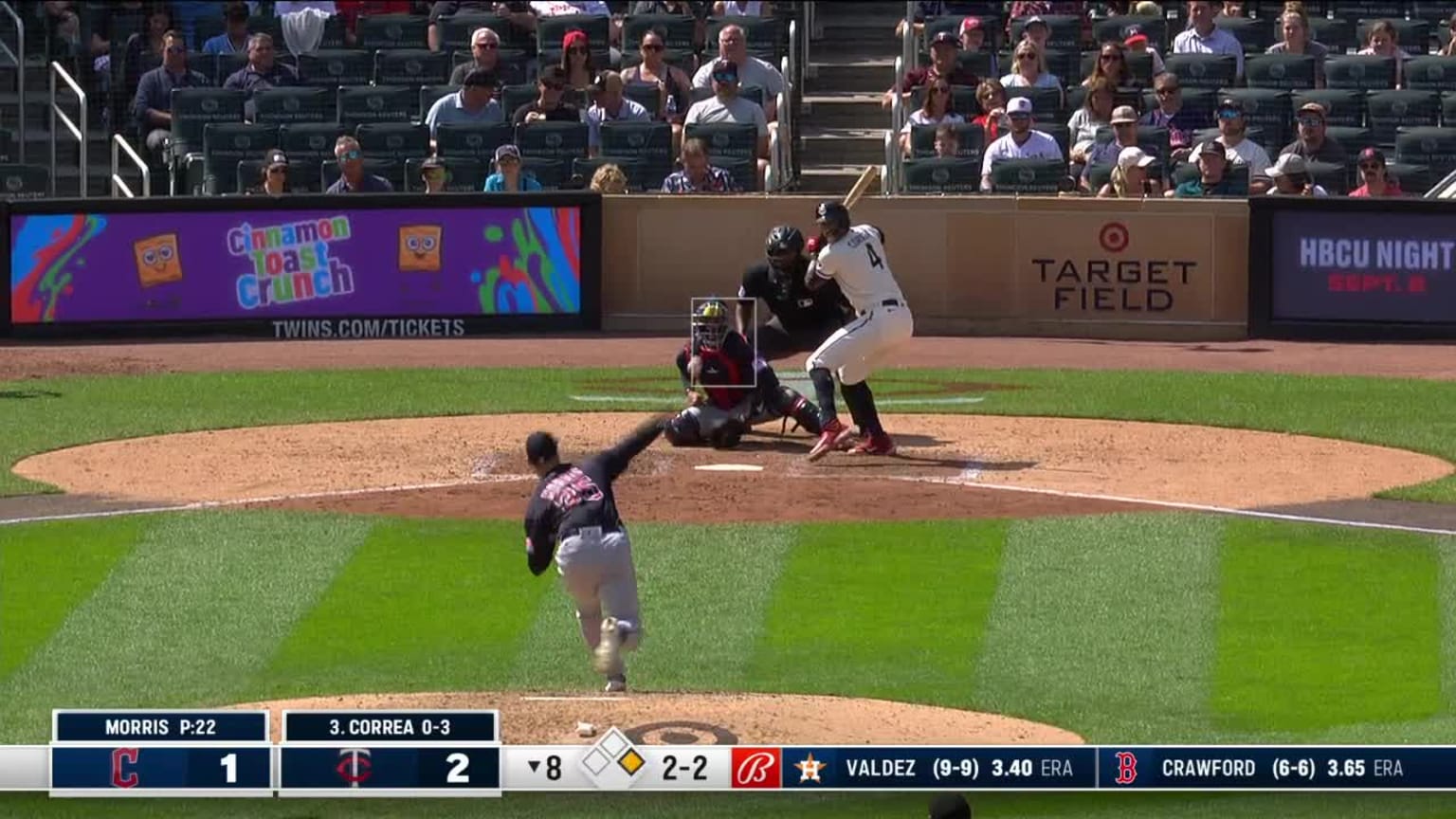 Carlos Correa grounds into a double play, third baseman Jose Ramirez to second baseman Andres ...