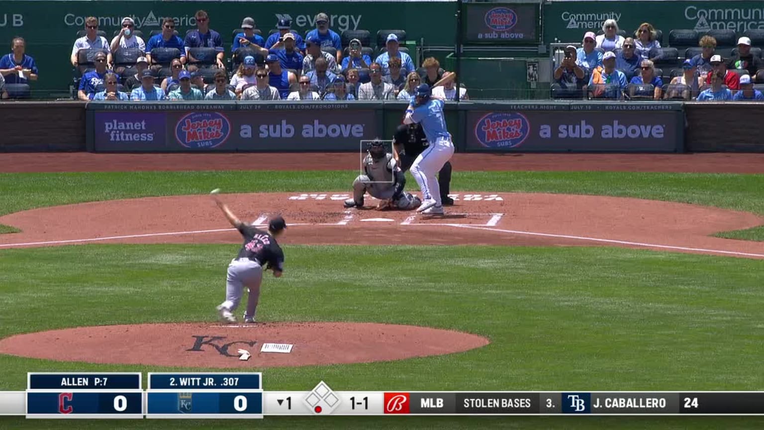 Bobby Witt Jr. singles on a line drive to center fielder Daniel ...