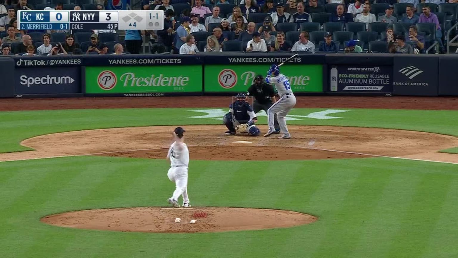 Whit Merrifield doubles (22) on a fly ball to right fielder Aaron Judge ...