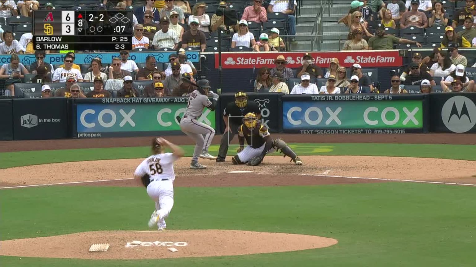 Alek Thomas singles on a line drive to right fielder Fernando Tatis Jr ...