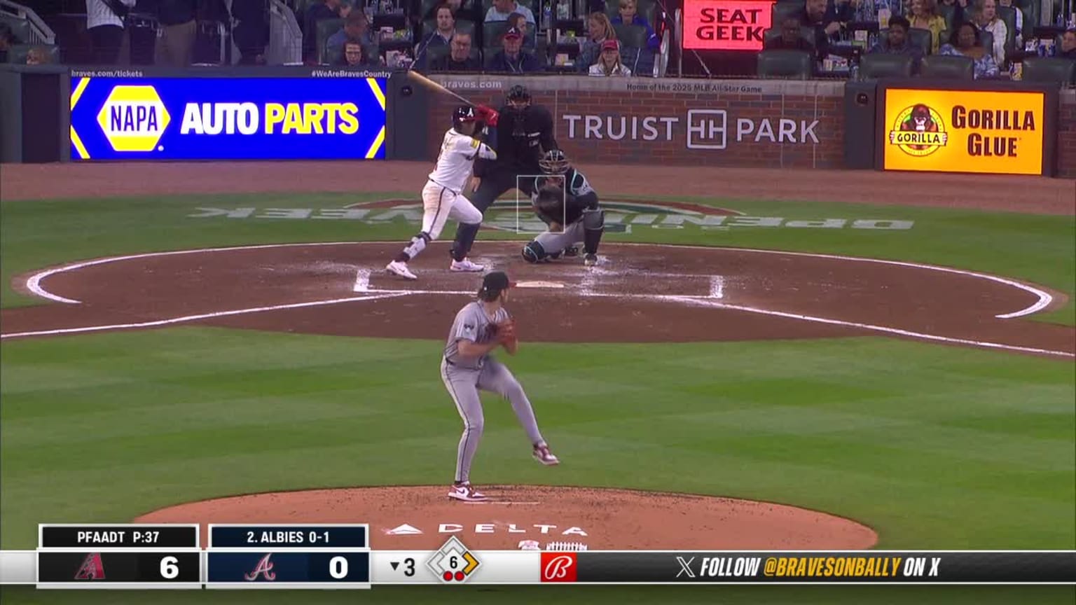 Ozzie Albies reaches on a missed catch error by pitcher Brandon Pfaadt, assist to first baseman ...