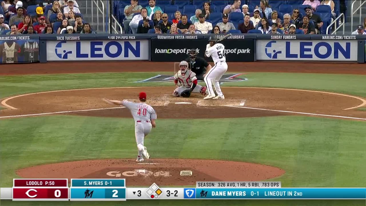 Dane Myers grounds into a force out, third baseman Noelvi Marte to second baseman Matt McLain ...