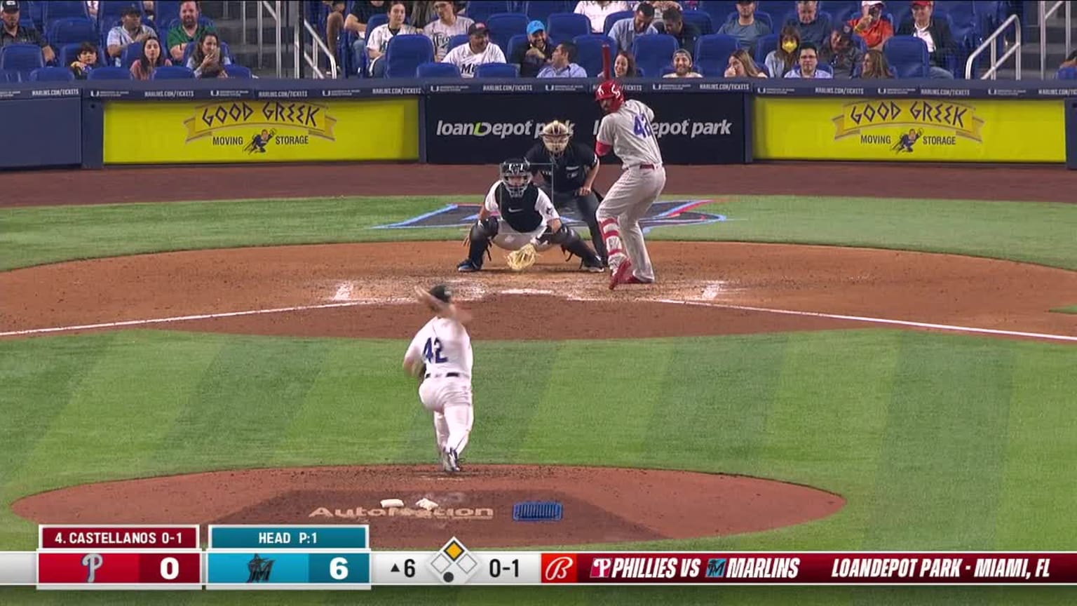 Nick Castellanos flies out to left fielder Jorge Soler. | 04/15/2022 ...