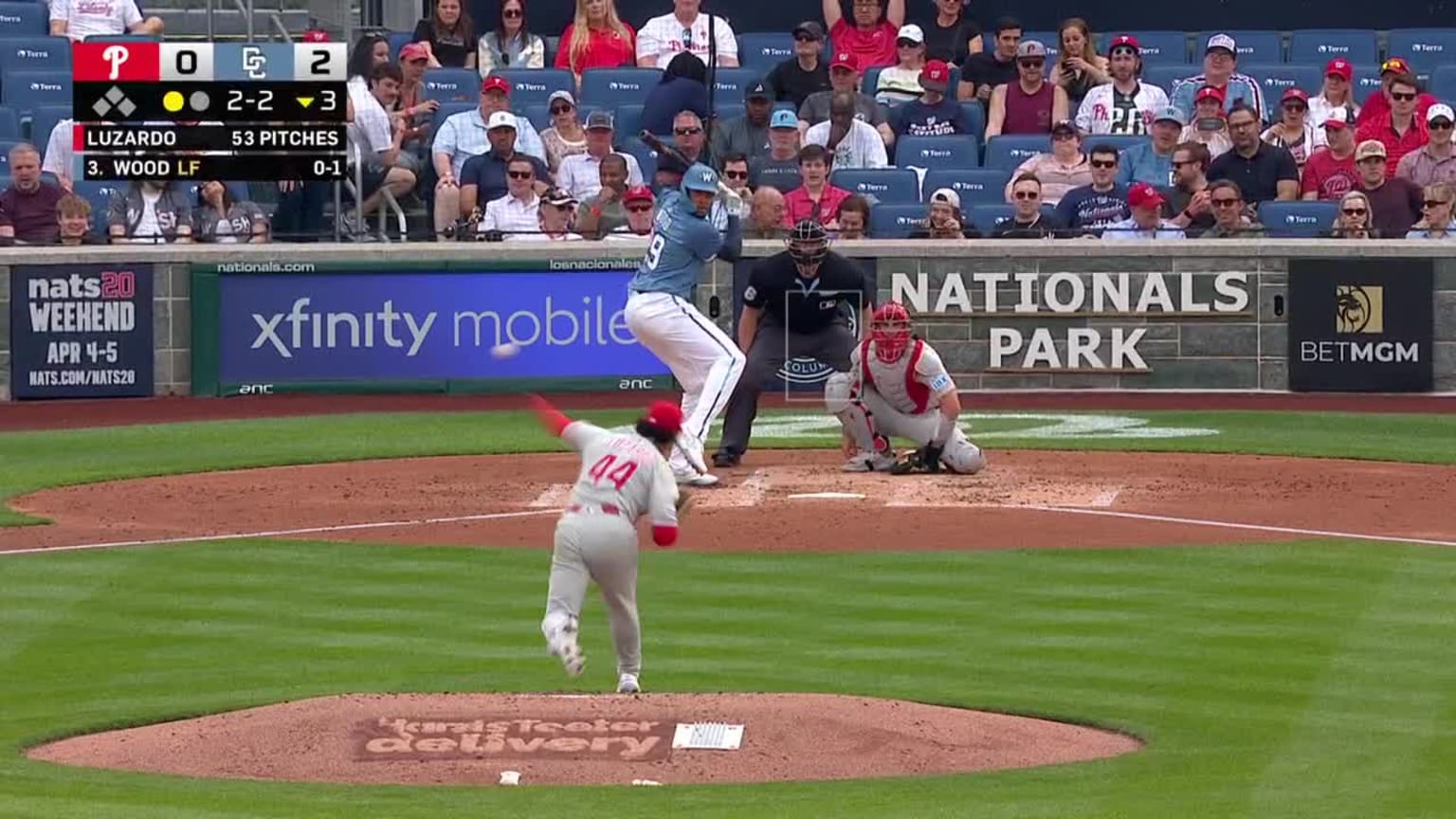 James Wood reaches on a ground ball to third baseman Alec Bohm ...
