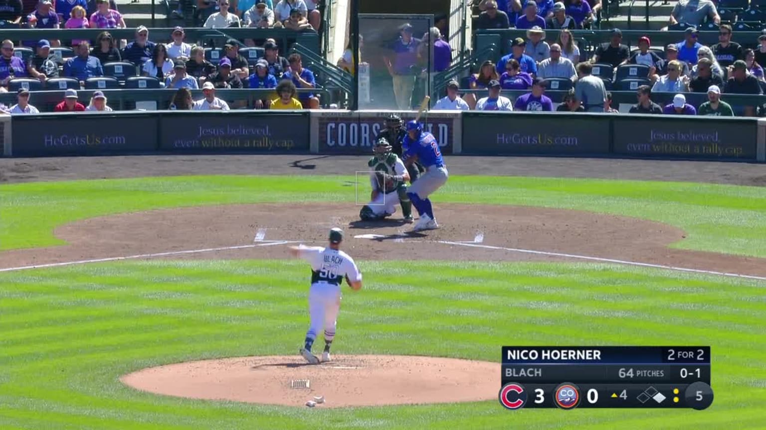 Nico Hoerner singles on a line drive to center fielder Brenton Doyle ...