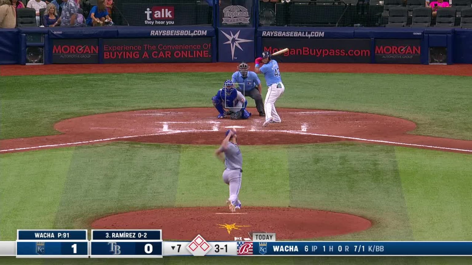 Harold Ramírez singles on a fly ball to center fielder Garrett Hampson ...