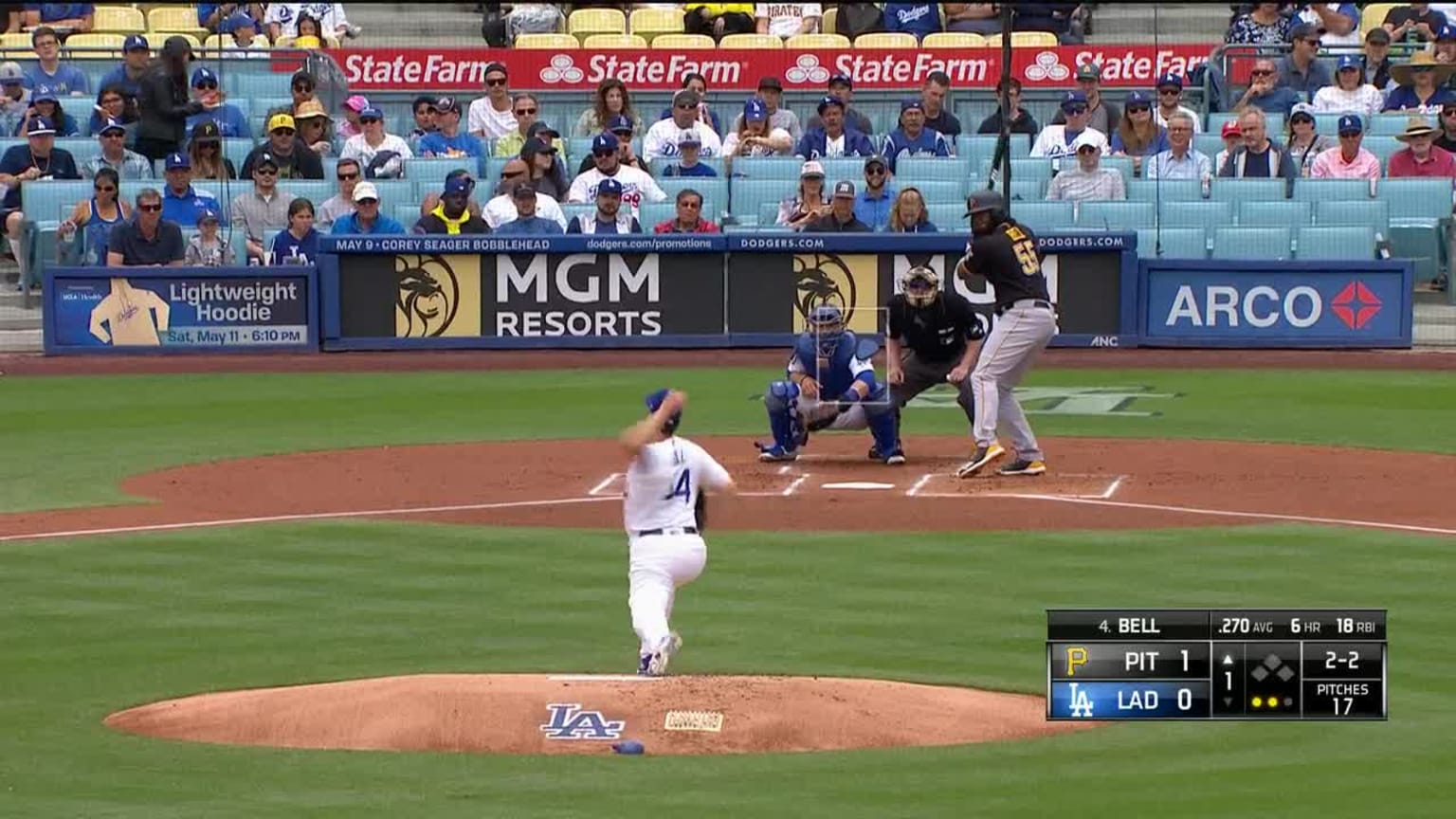 Josh Bell doubles (7) on a line drive to right fielder Alex Verdugo ...