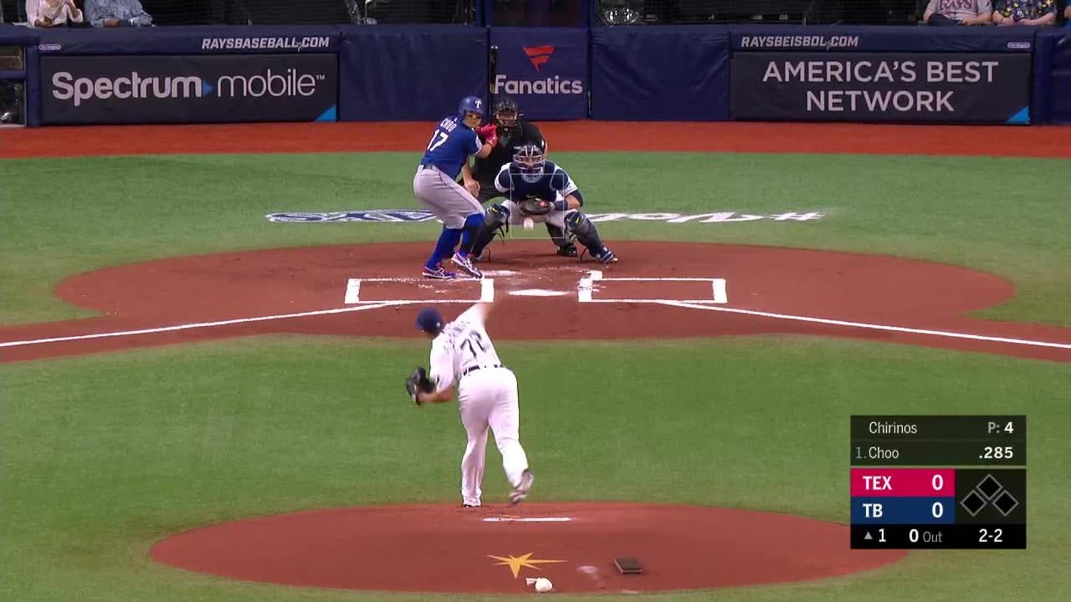 Shin-Soo Choo grounds out, pitcher Yonny Chirinos to first baseman Ji-Man Choi. | 06/28/2019 ...