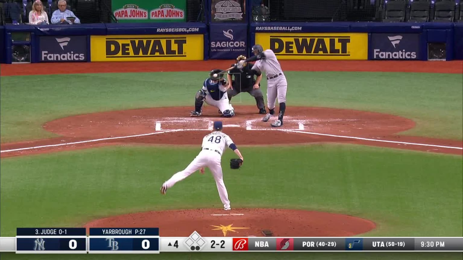 Aaron Judge singles on a sharp ground ball to right fielder Manuel ...