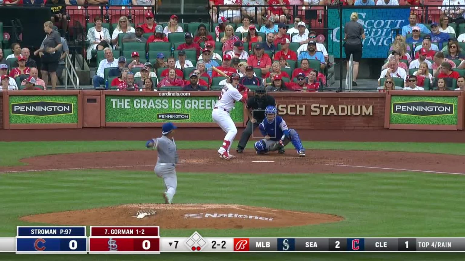 Nolan Gorman grounds out softly, pitcher Marcus Stroman to first ...