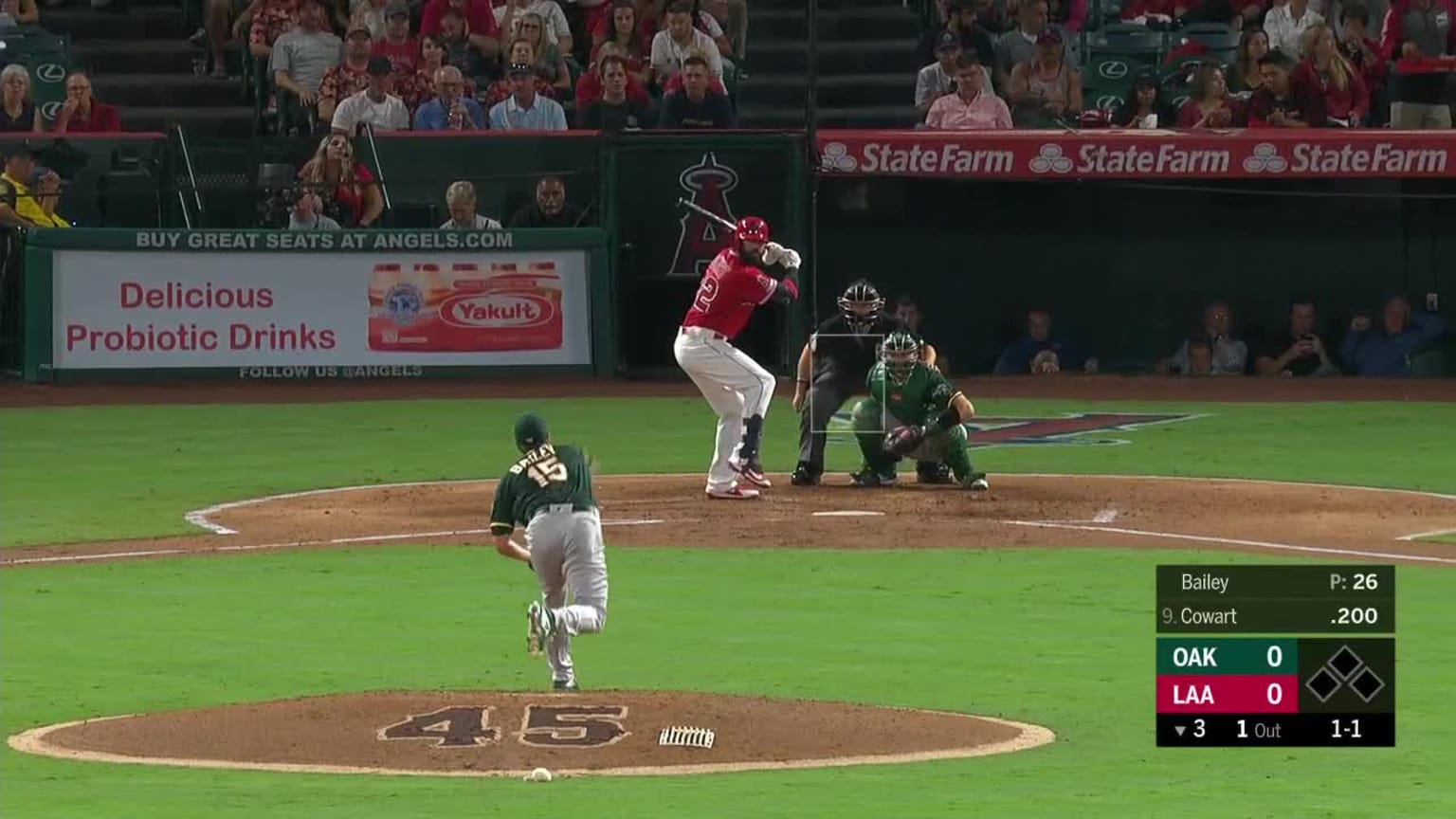 Kaleb Cowart doubles (1) on a line drive to left fielder Chad Pinder ...