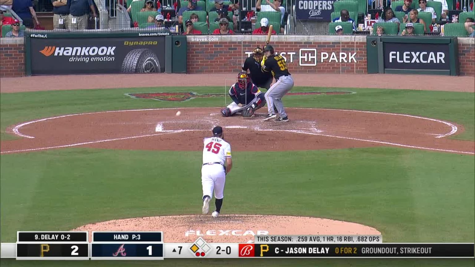 Jason Delay pops out to shortstop Orlando Arcia. | 09/10/2023 | Atlanta ...