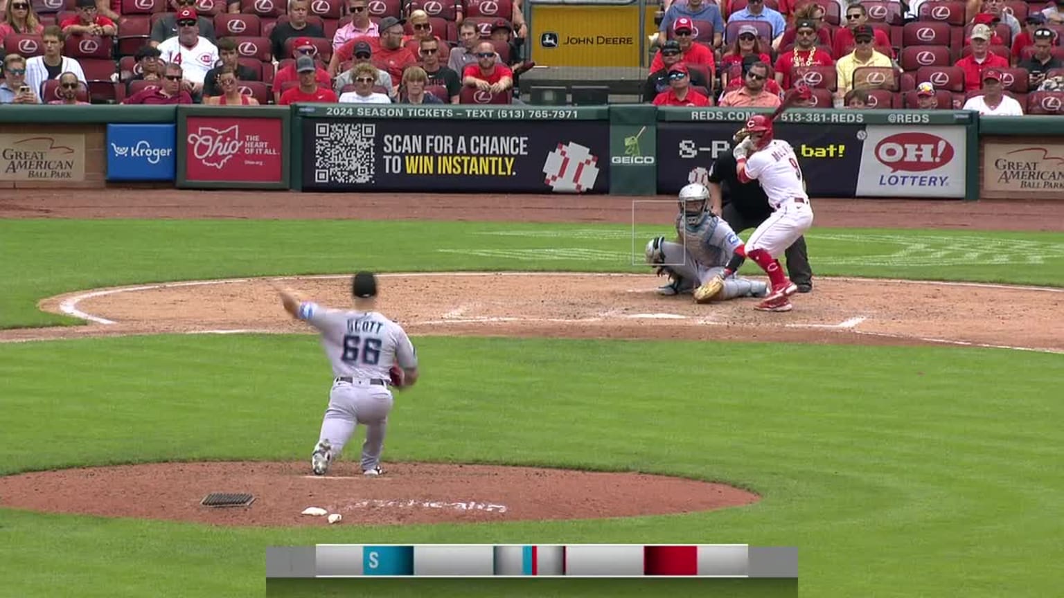 Matt McLain reaches on a fielding error by shortstop Jon Berti. | 08/09 ...