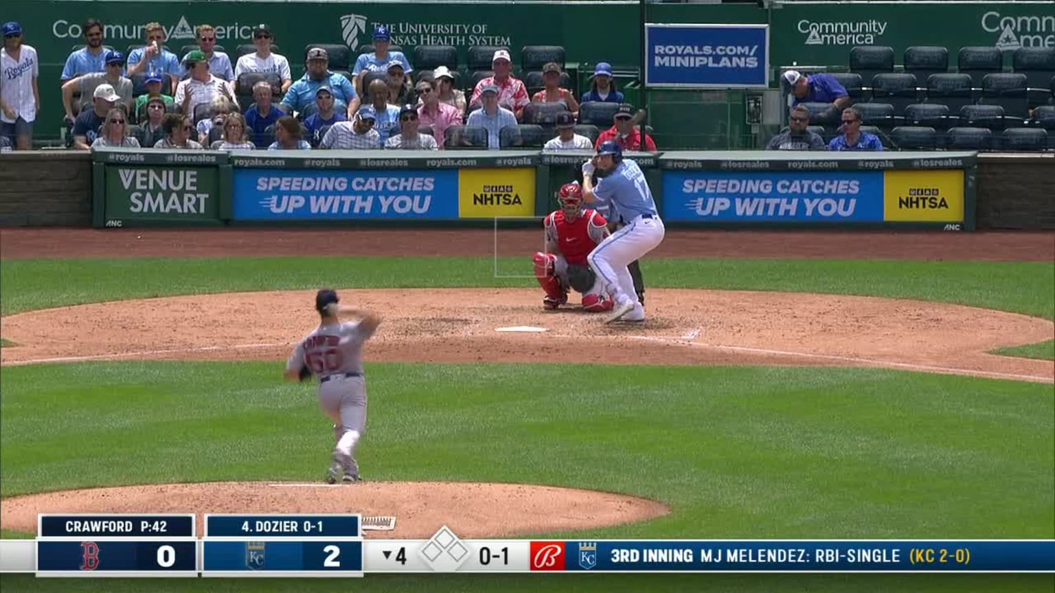 Hunter Dozier singles on a line drive to left fielder Tommy Pham ...