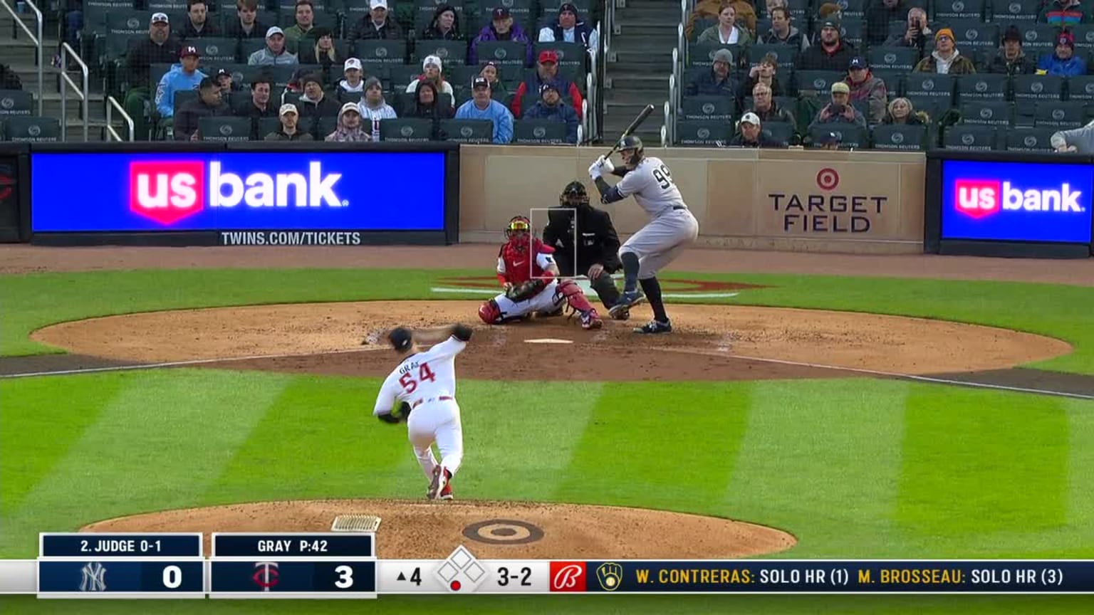 Aaron Judge doubles (3) on a fly ball to right fielder Max Kepler. | 04 ...