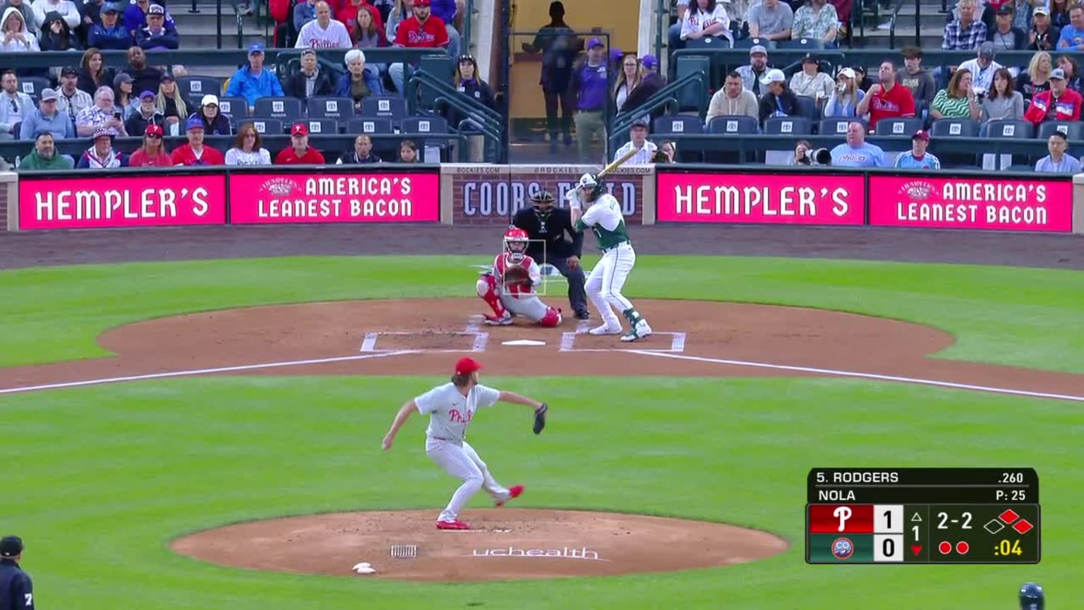 Brendan Rodgers singles on a line drive to center fielder Johan Rojas ...