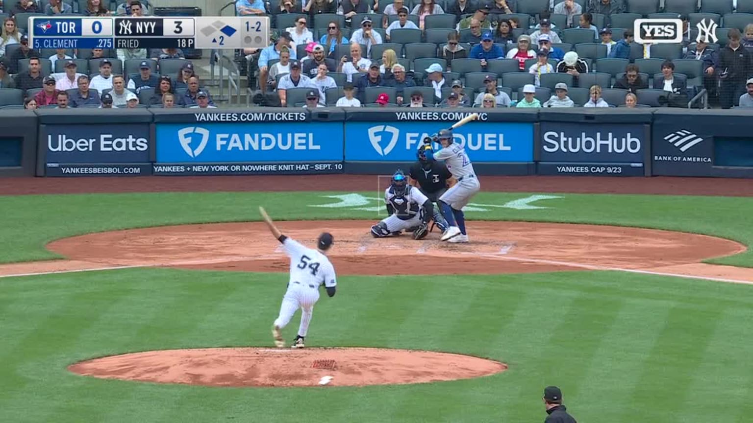 Ernie Clement doubles (28) on a line drive to right fielder Aaron Judge ...