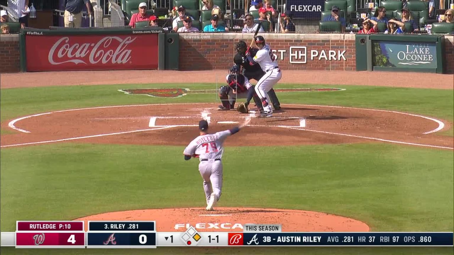 Austin Riley doubles (32) on a sharp line drive to left fielder Alex ...