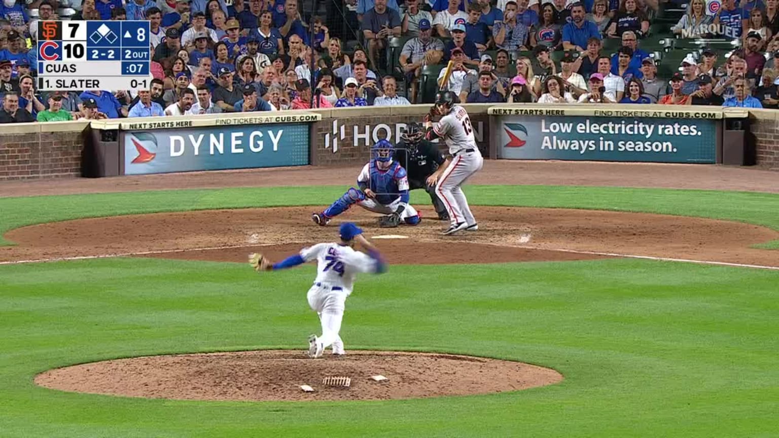 Austin Slater reaches on a fielding error by shortstop Dansby Swanson ...